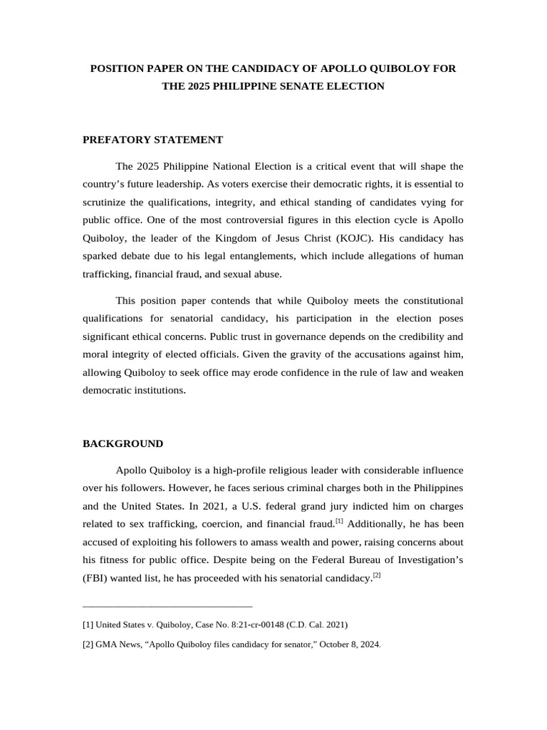 Position Paper On The Candidacy of Apollo Quiboloy For The 2025 ...