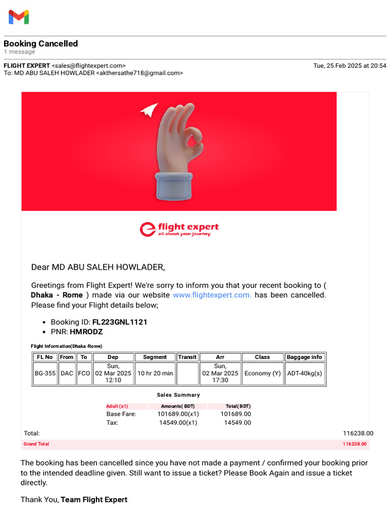 Flight Booking Cancellation Notice | PDF