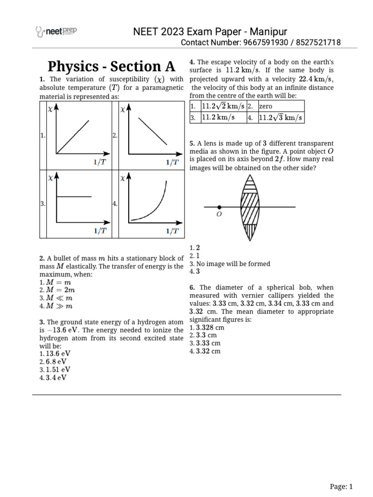 NEET 2023 Manipur Physics Paper | PDF | Molecular Orbital | Rotation ...
