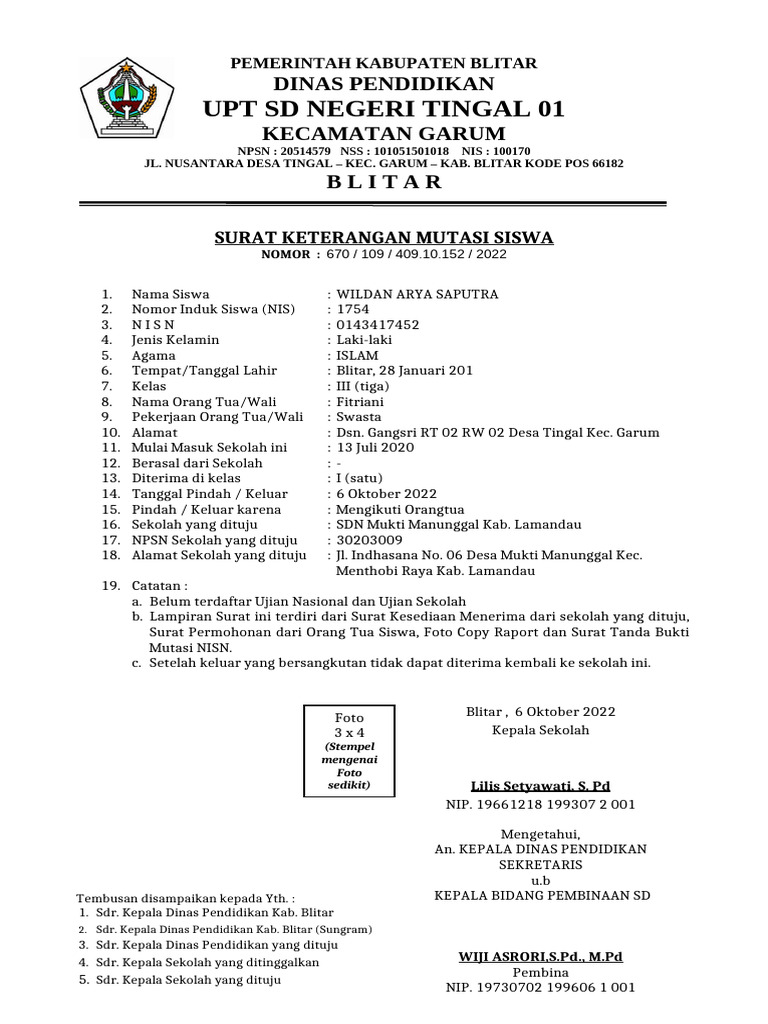 Surat Keterangan Mutasi Keluar | PDF