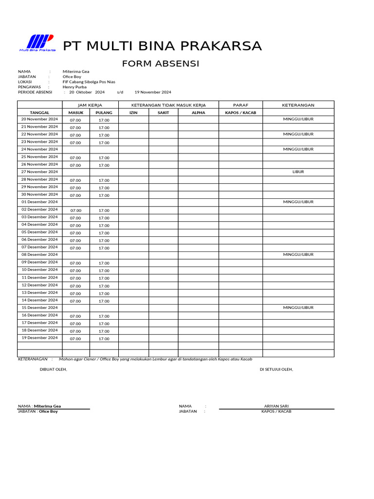 Form Absensi dan Lembur Karyawan | PDF