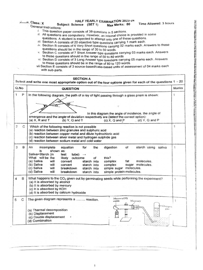 Science Question Paper Class X | PDF