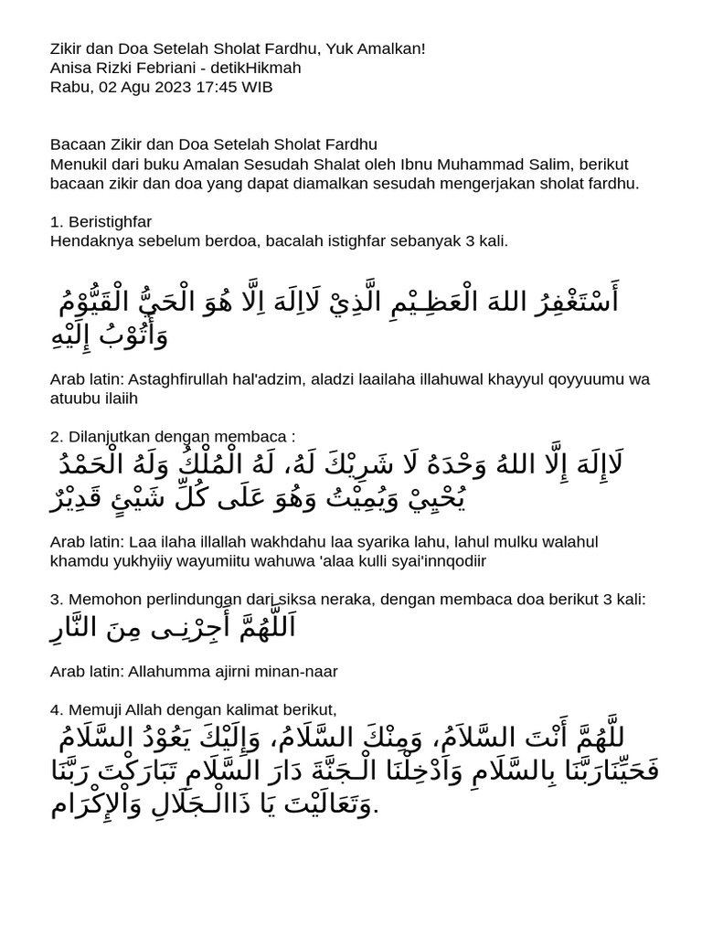 Zikir Dan Doa Setelah Sholat Fardhu | PDF
