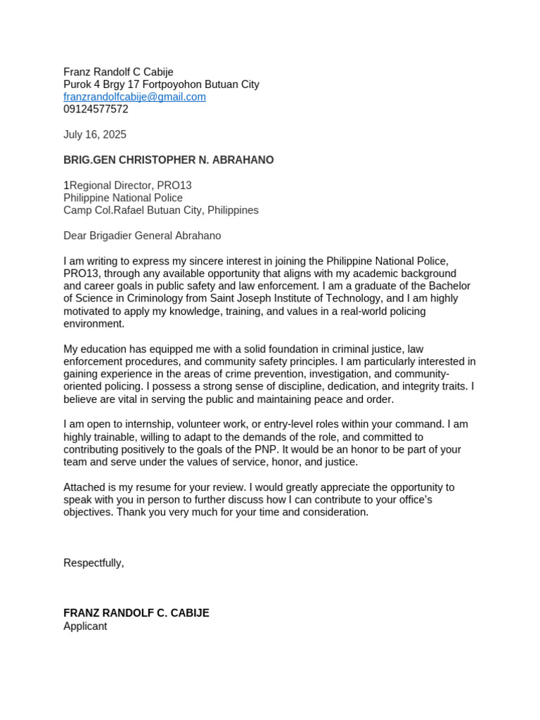 Aplication Letter, FRANZ | PDF