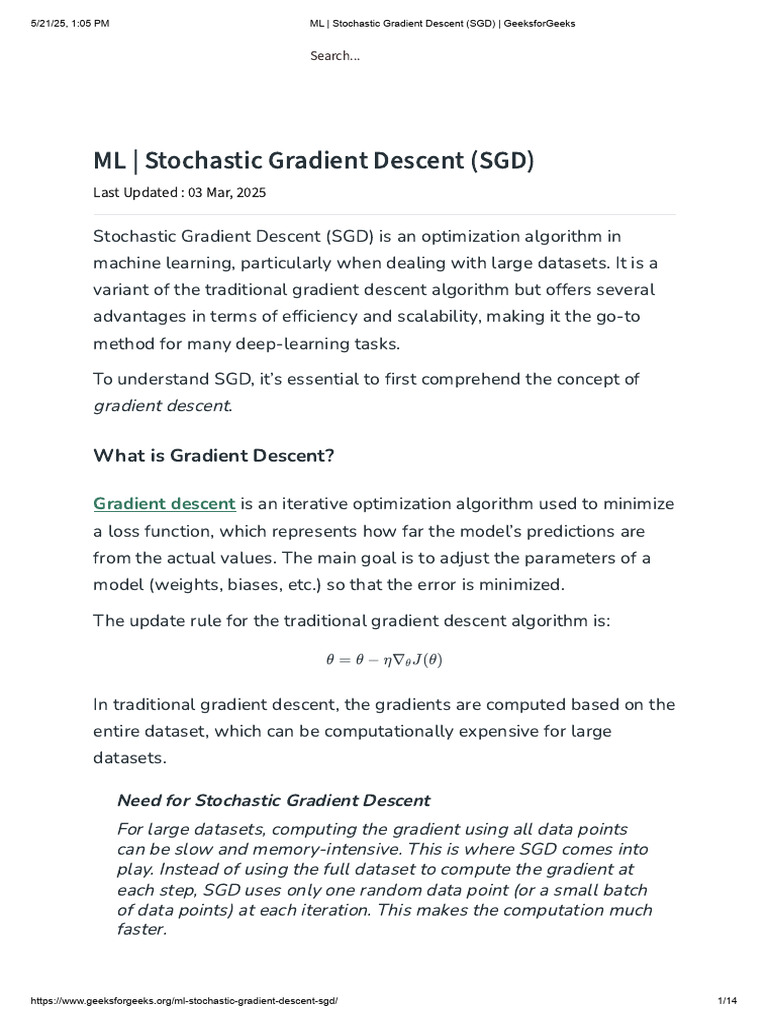 ML - Stochastic Gradient Descent (SGD) - GeeksforGeeks | PDF | Learning | Computational Neuroscience