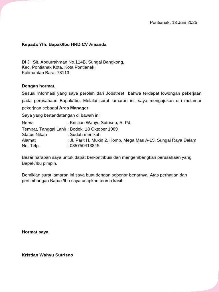 Surat Lamaran Kerja CV Amanda | PDF