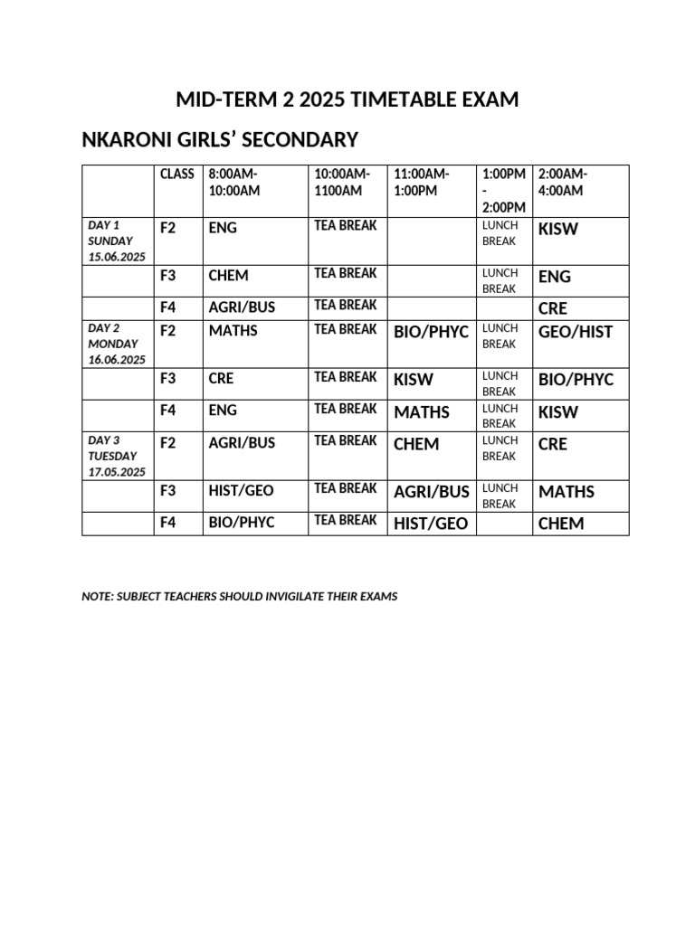 Midterm2 2025 Timetable | PDF
