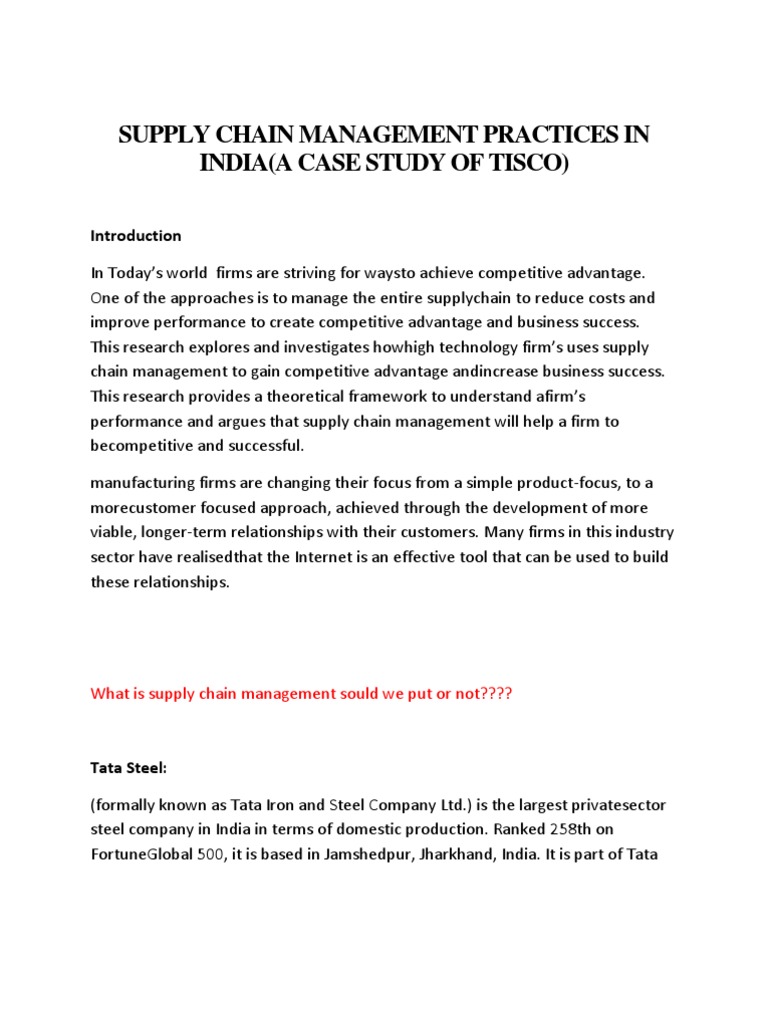 Supply Chain Management Practices in India (A Case Study of Tisco ...