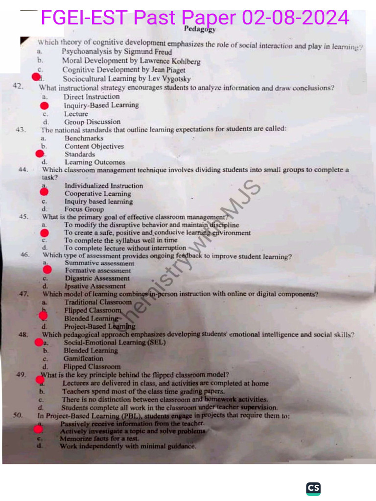 FGEI-EST Past Paper 02-08-2024 (Pedagogy Portion) | PDF