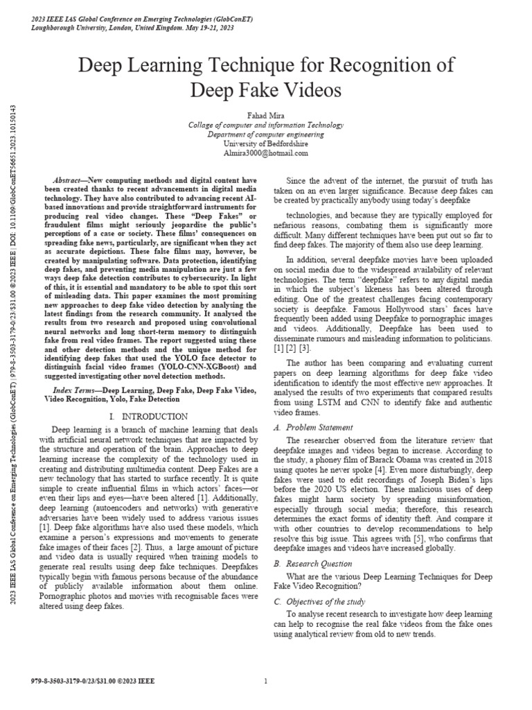 Deep Learning Technique For Recognition of Deep Fake Videos | PDF | Deep Learning | Machine Learning