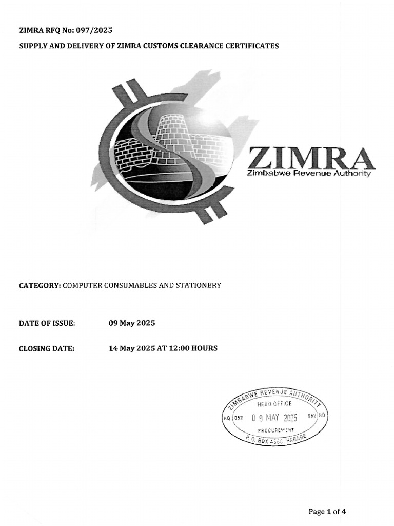 RFQ 097 of 2025 Supply and Delivery of ZIMRA Customs Clearance ...