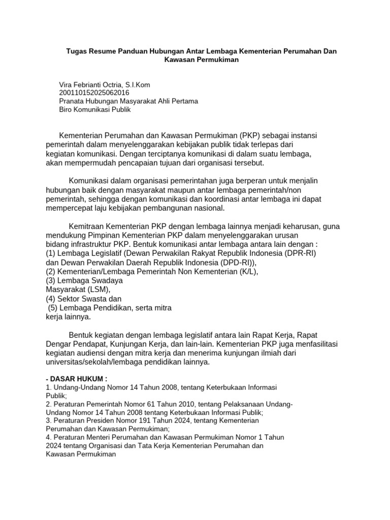 Tugas Resume Panduan Hubungan Antar Lembaga Kementerian Perumahan Dan Kawasan Permukiman | PDF