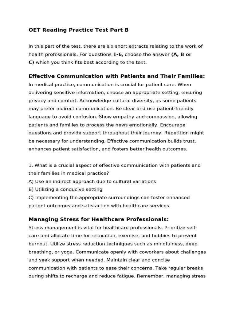 OET Reading Practice Test Part B | PDF | Mental Health | Health Care