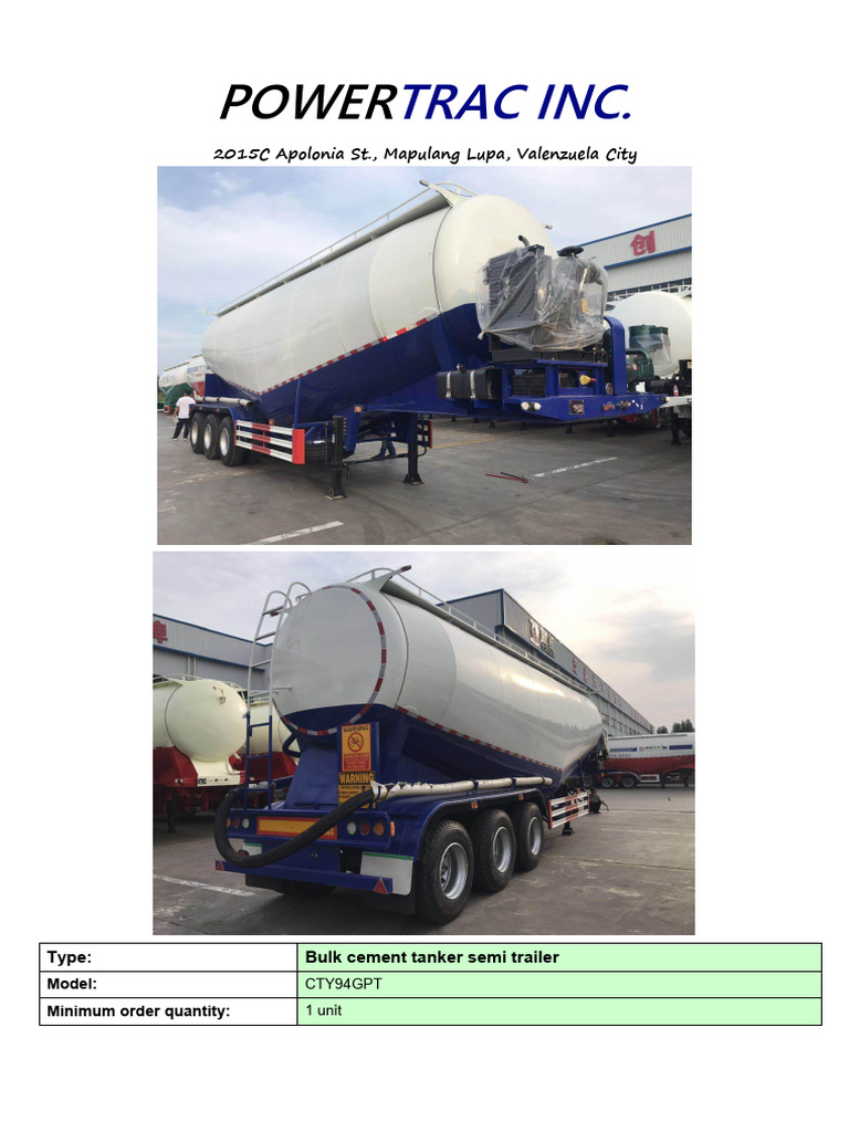 Bulk Cement Tanker Specifications | PDF | Land Vehicles