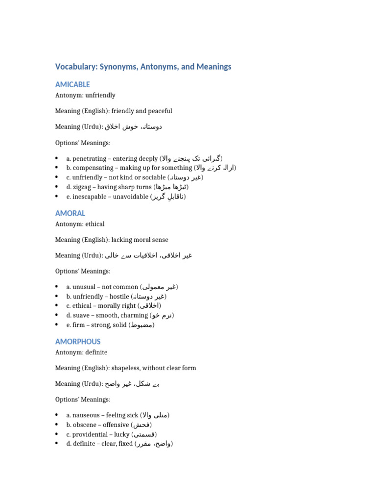 Vocabulary Synonyms Antonyms | PDF