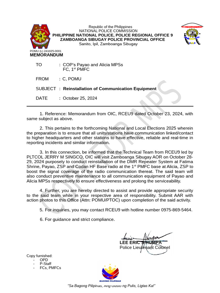 To COP's Payao Alicia MPSs and FC, PMFC Re CE Installation | PDF