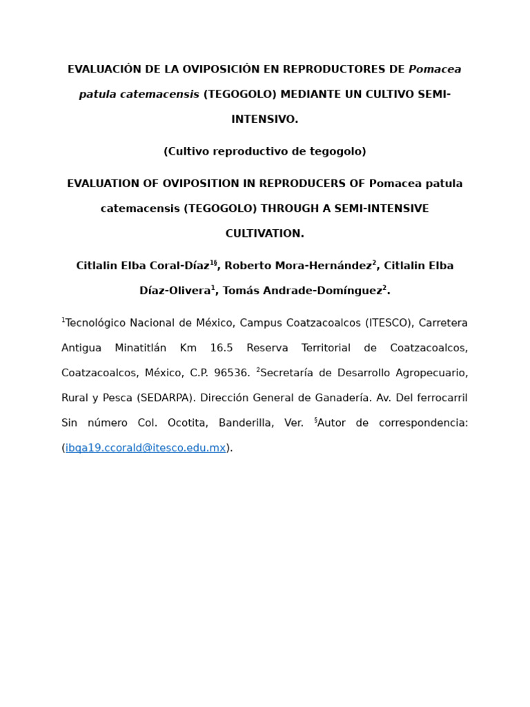 Evaluación de La Ovoposición de Pomacea Patula Catemacensis | PDF ...