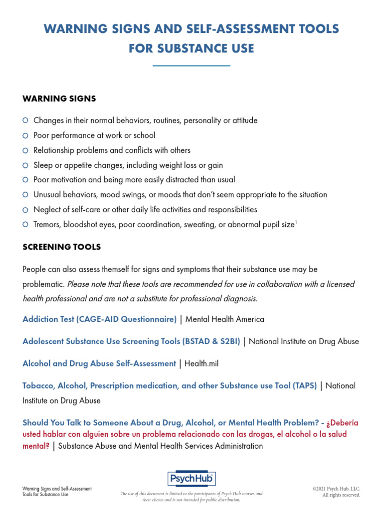 Warning Signs and Self-Assessment Tools For Substance Use | PDF ...