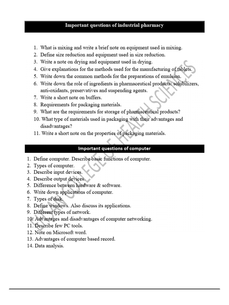 Important Questions of Industrial Pharmacy and Computer | PDF