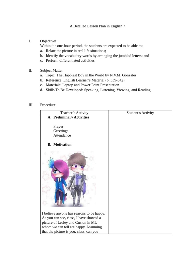 English 7 Lesson Plan: The Happiest Boy | PDF | Lesson Plan | Human ...