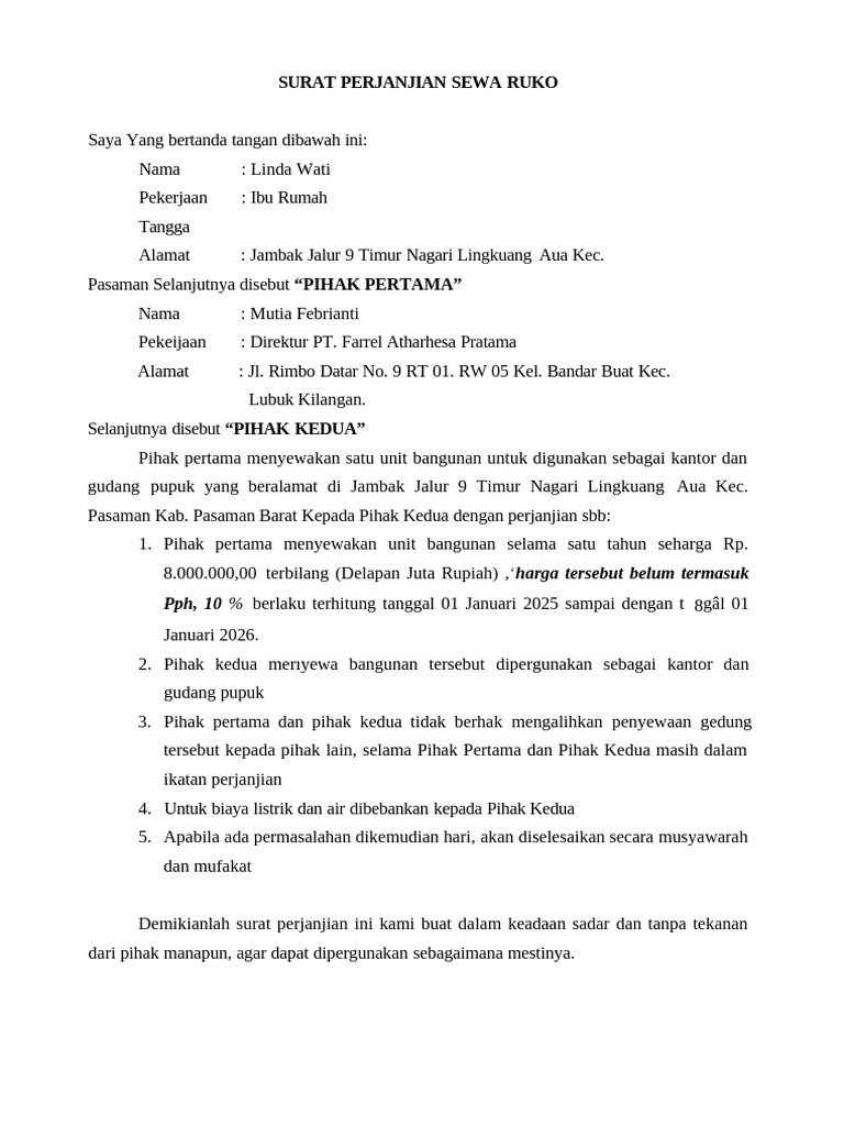 Surat Perjanjian Sewa Ruko Sederhana | PDF