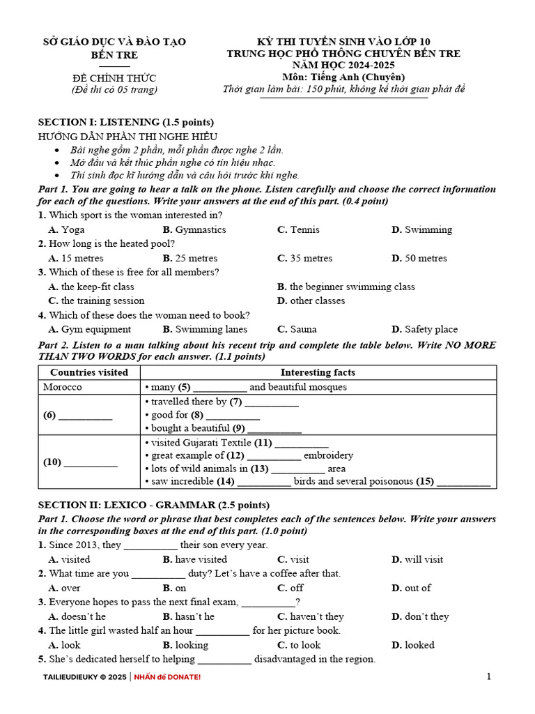 Bến Tre 10th Grade English Exam 2024-2025 | PDF | Handedness | Pottery