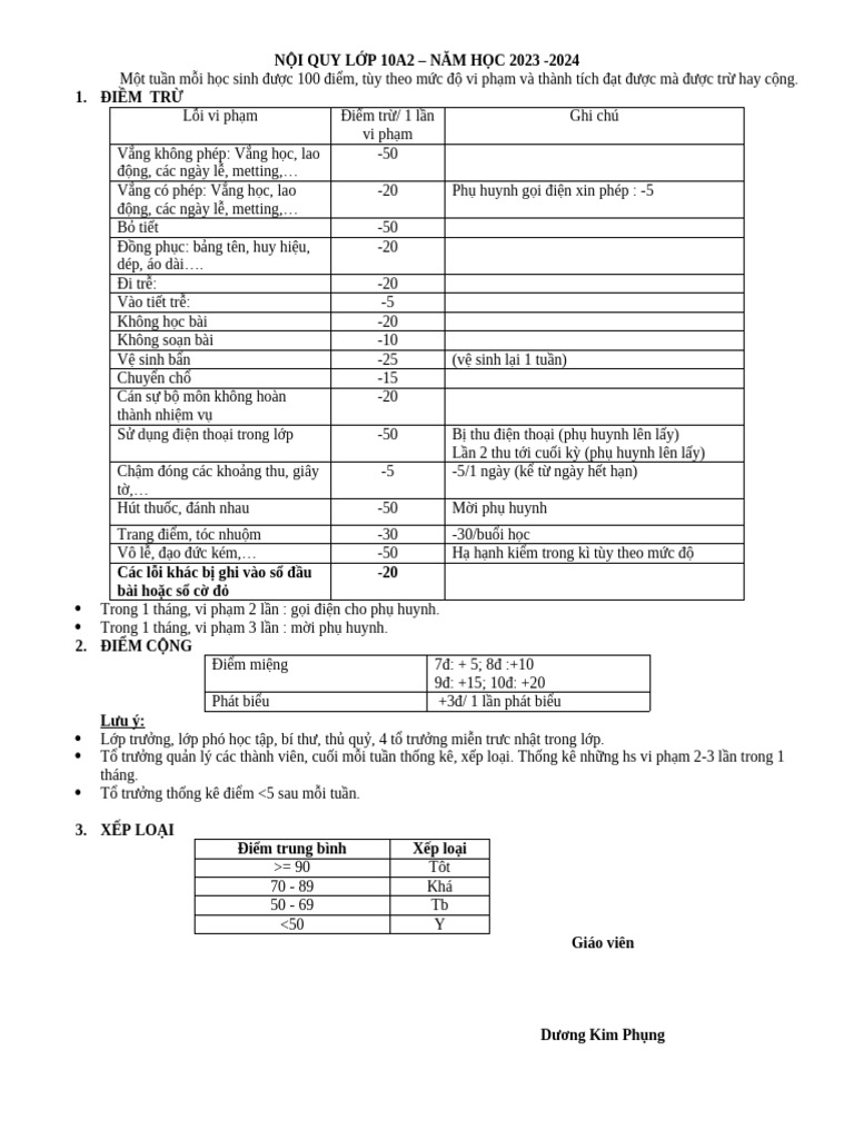 NỘI QUY LỚP 10A2 - NĂM HỌC 2023 -2024 1. Điềm Trừ | PDF