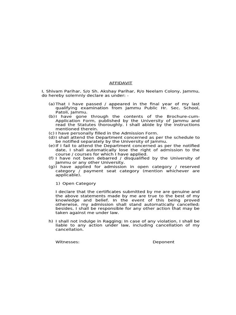 Affidavit Admission College Jammu University MSC Physics1 Narvind Singh ...