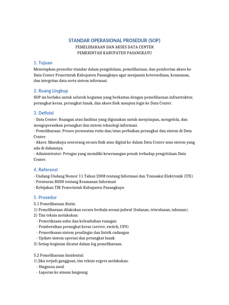 SOP Pemeliharaan Data Center Pasangkayu | PDF