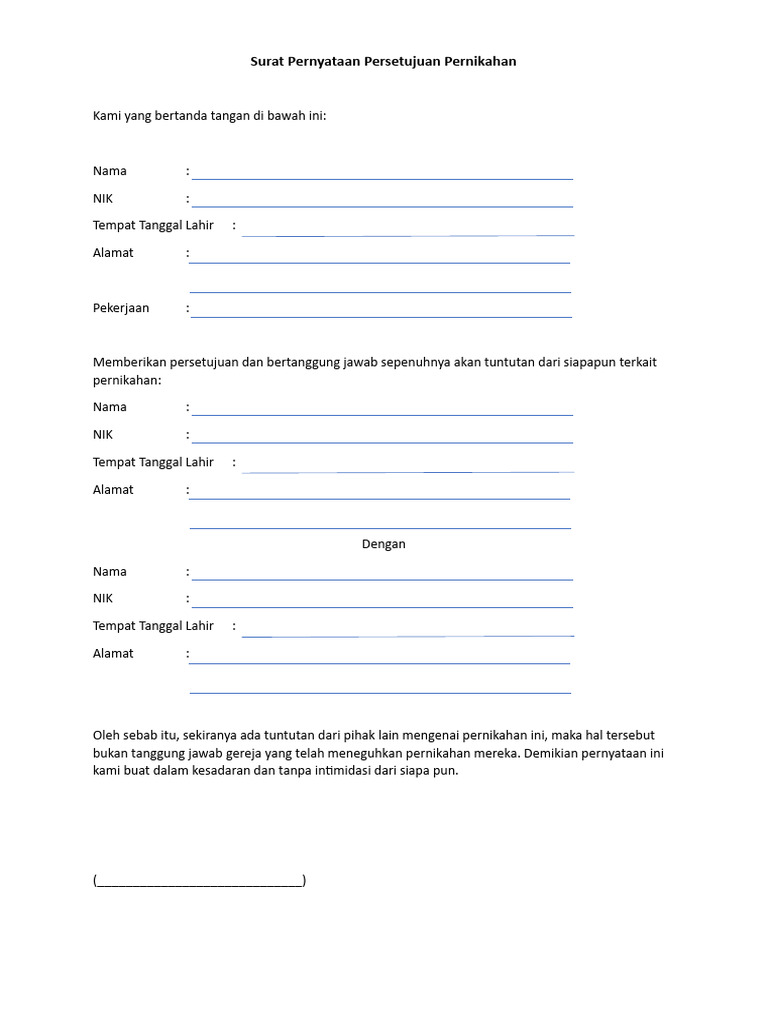 Surat Pernyataan Persetujuan Pernikahan | PDF