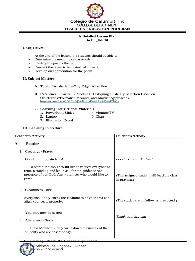 Annabel Lee Lesson Plan Overview | PDF