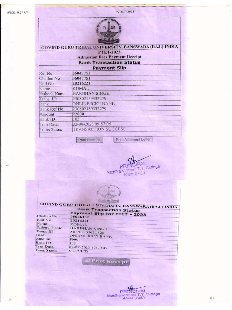 Komal Fees Receipt | PDF