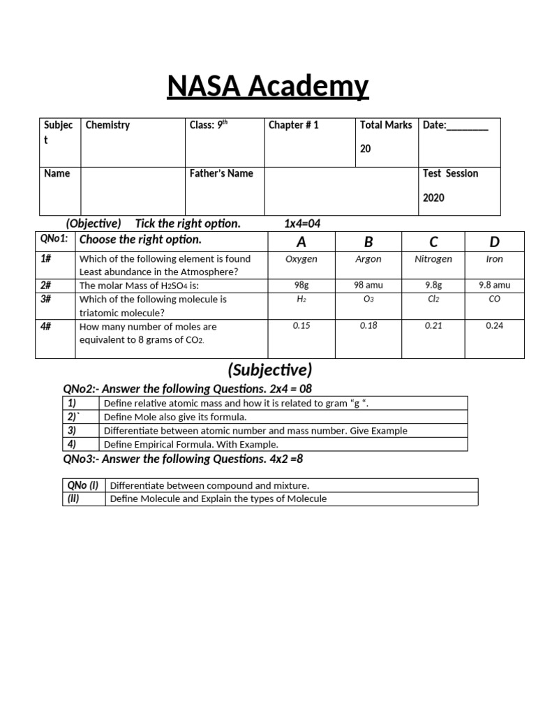 Class 9 NASA Chemistry Exam Paper | PDF