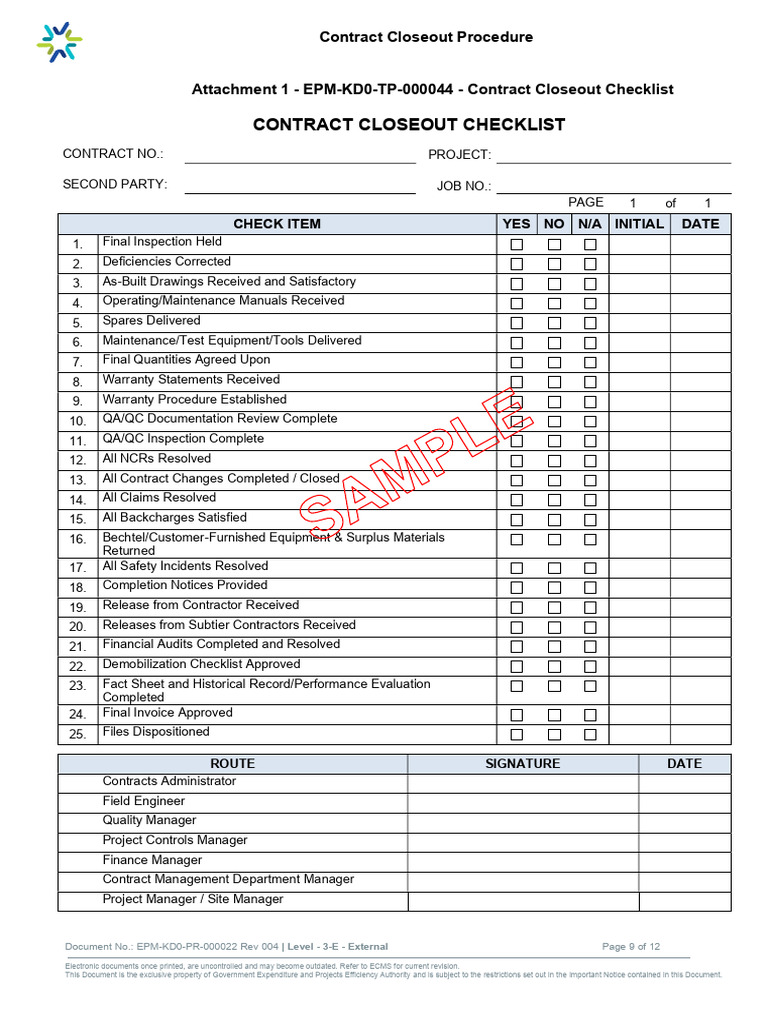 Contract Closeout Checklist Overview | PDF