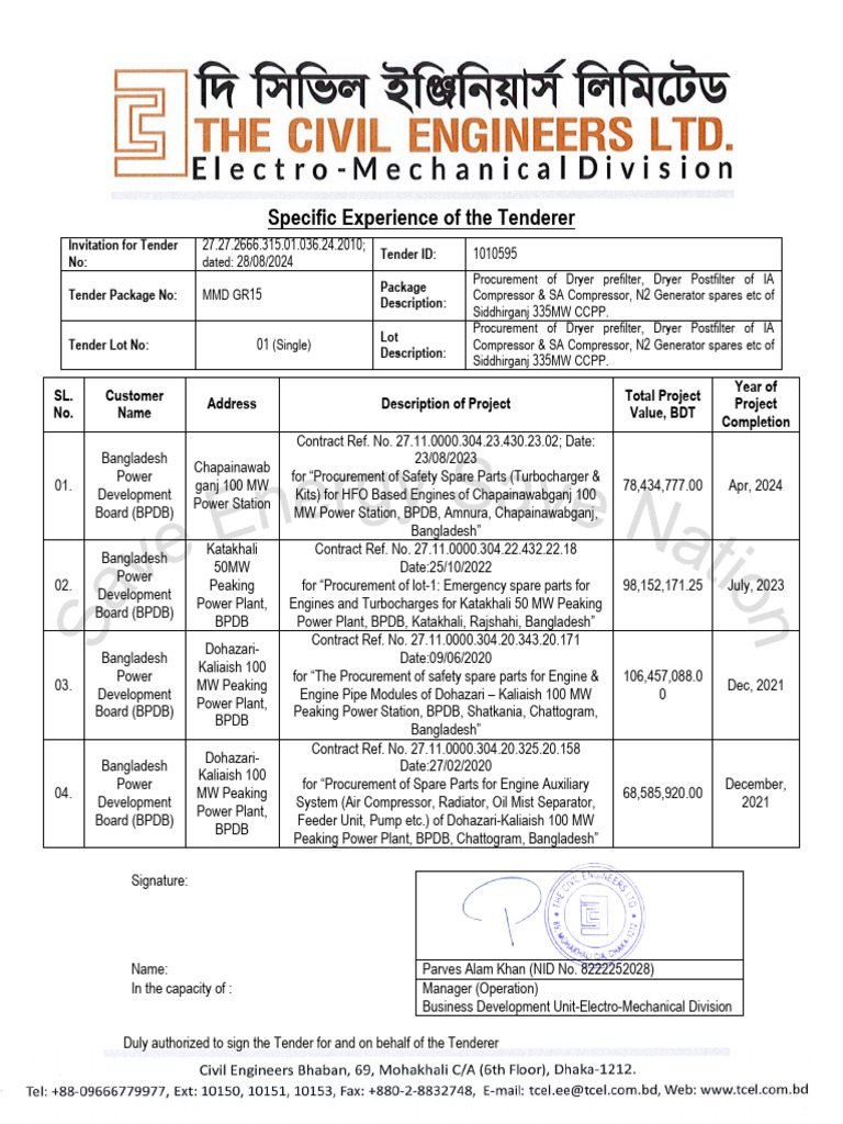 Specific Experience of The Tenderer For Tender ID 1010595 | PDF | Power ...