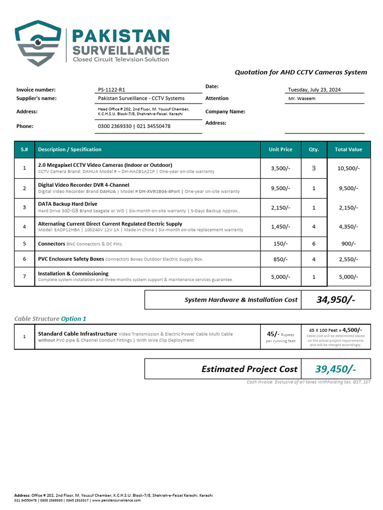 Quotation for CCTV Camera System | PDF | Closed Circuit Television ...