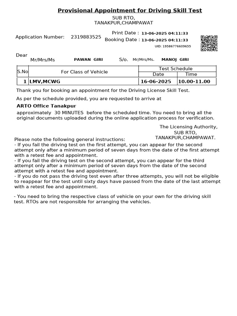 Provisional Appointment For Driving Skill Test: 1 LMV, MCWG 16-06-2025 ...
