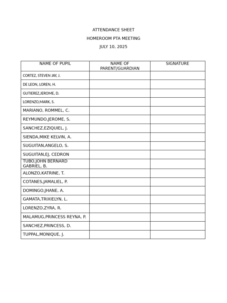 Attendance Sheet Homeroom Pta | PDF