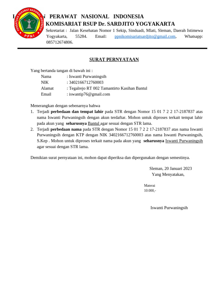 Contoh Surat Pernyataan KTKI | PDF