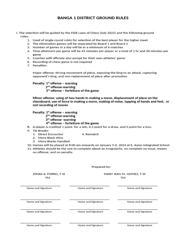 Banga 1 District Ground Rules | PDF | Chess | Chess Theory