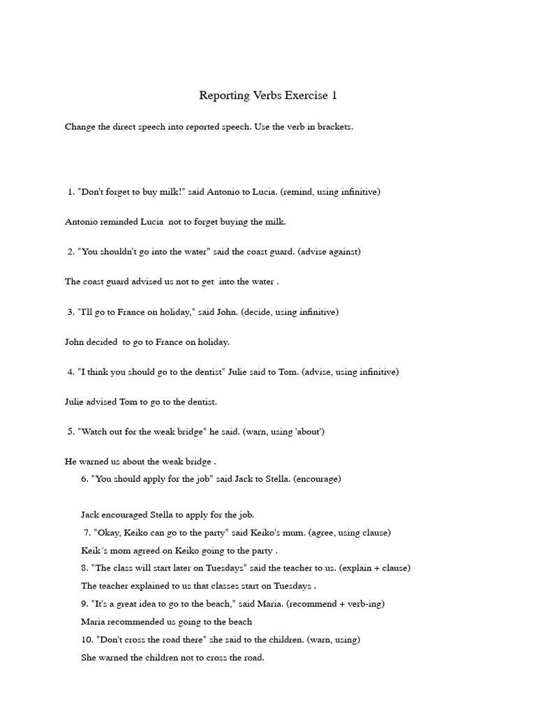 Reporting Verbs Exercise 1 | PDF