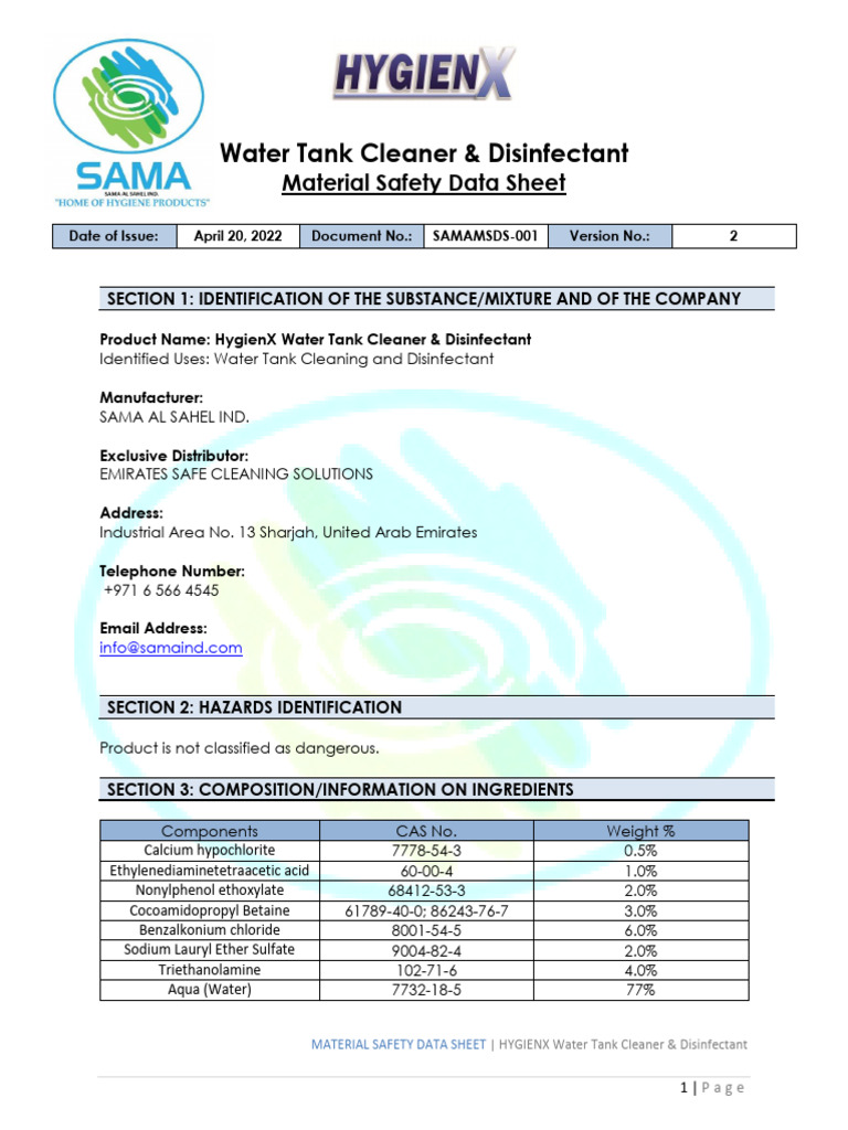 HygienX Water Tank Cleaner MSDS | PDF | Water | Toxicity