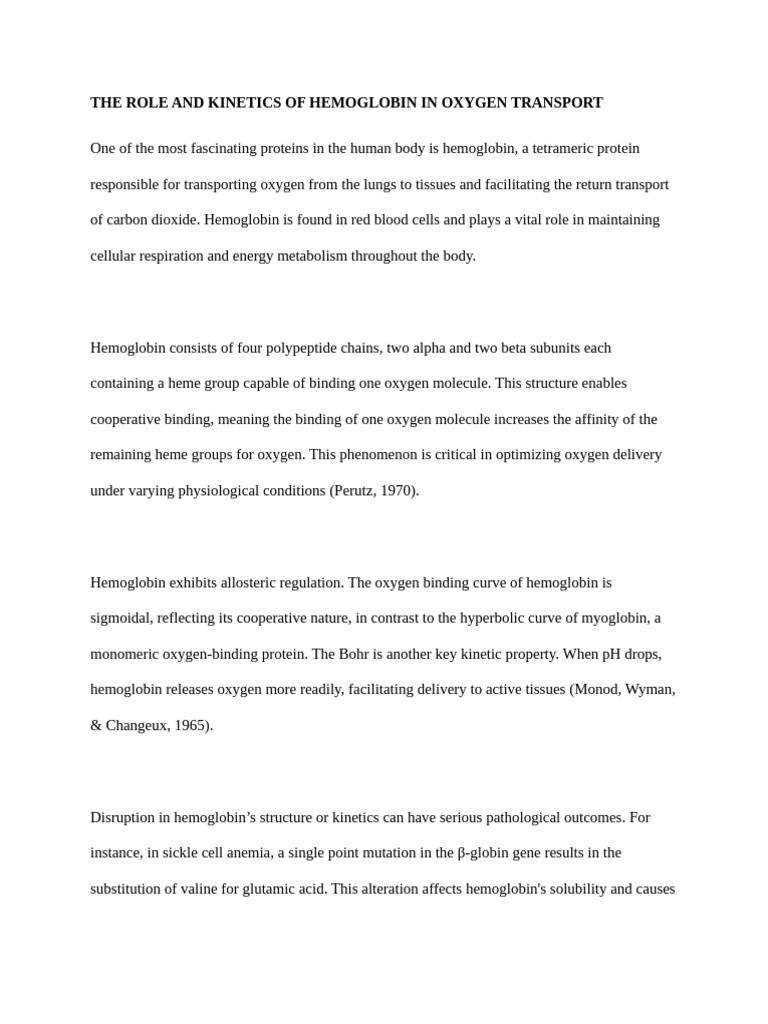 The Role and Kinetics of Hemoglobin in Oxygen Transport | PDF ...