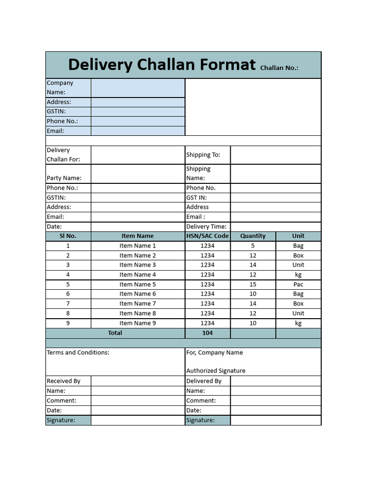 Delivery Challan Format Template | PDF