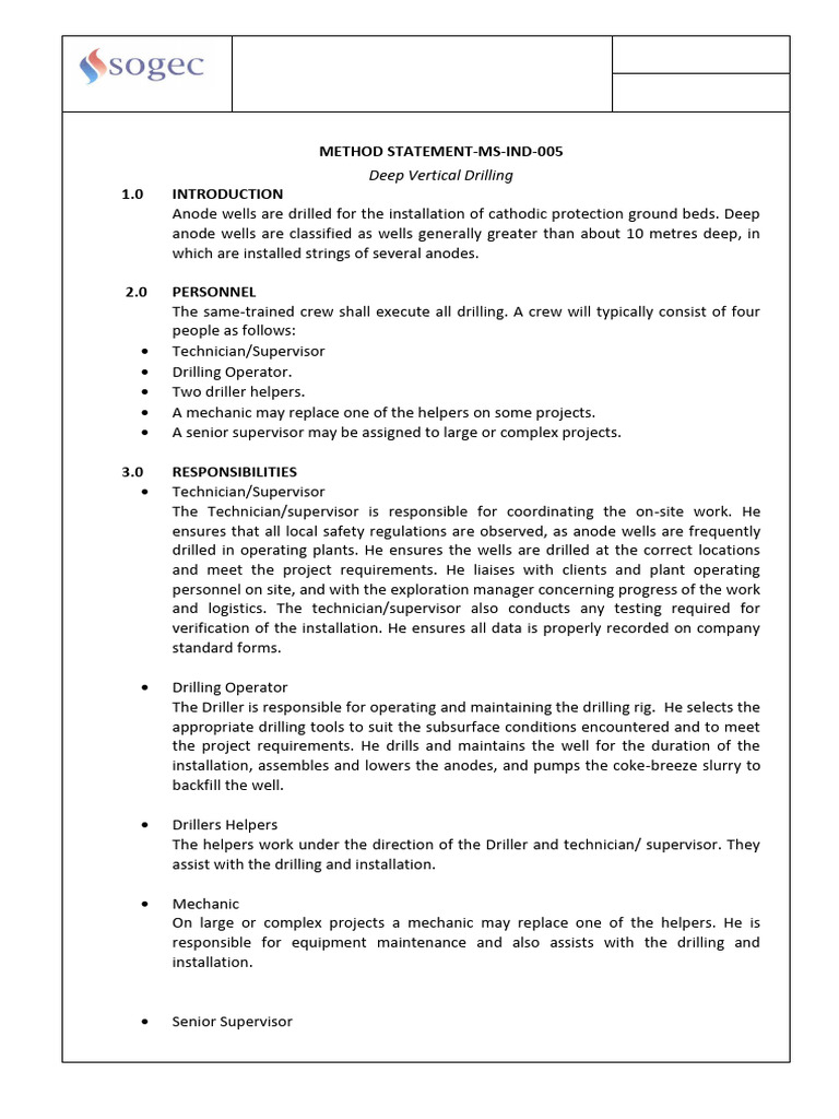 Deep Vertical Drilling Method Statement | PDF | Oil Well | Casing ...