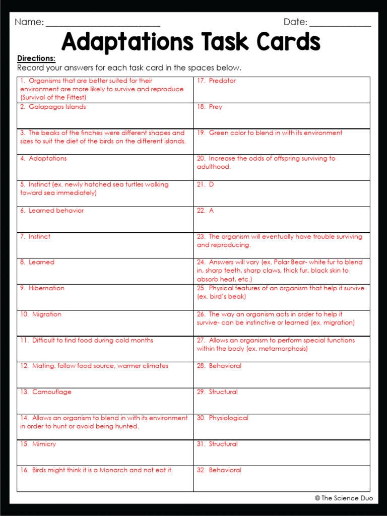 Bird Adaptations Task Card Answers | PDF | Predation | Birds