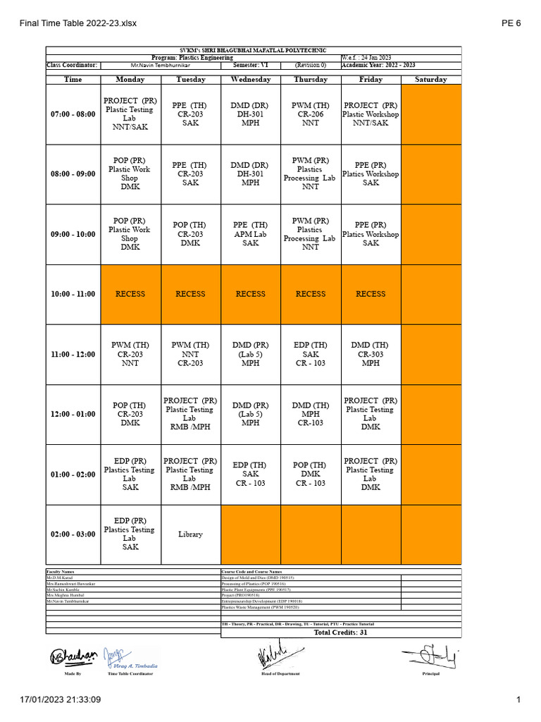 Time Table 2022-23.xlsx - PE 6 | PDF