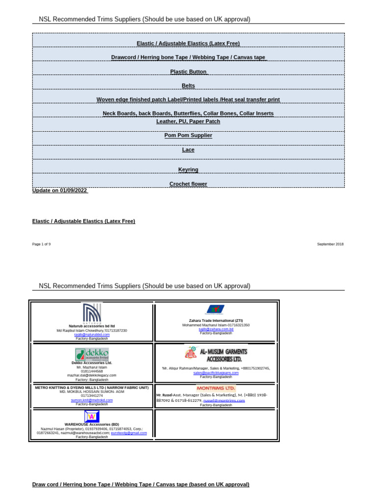 NSL Approved Trims Suppliers List | PDF | Textiles | Textile Arts