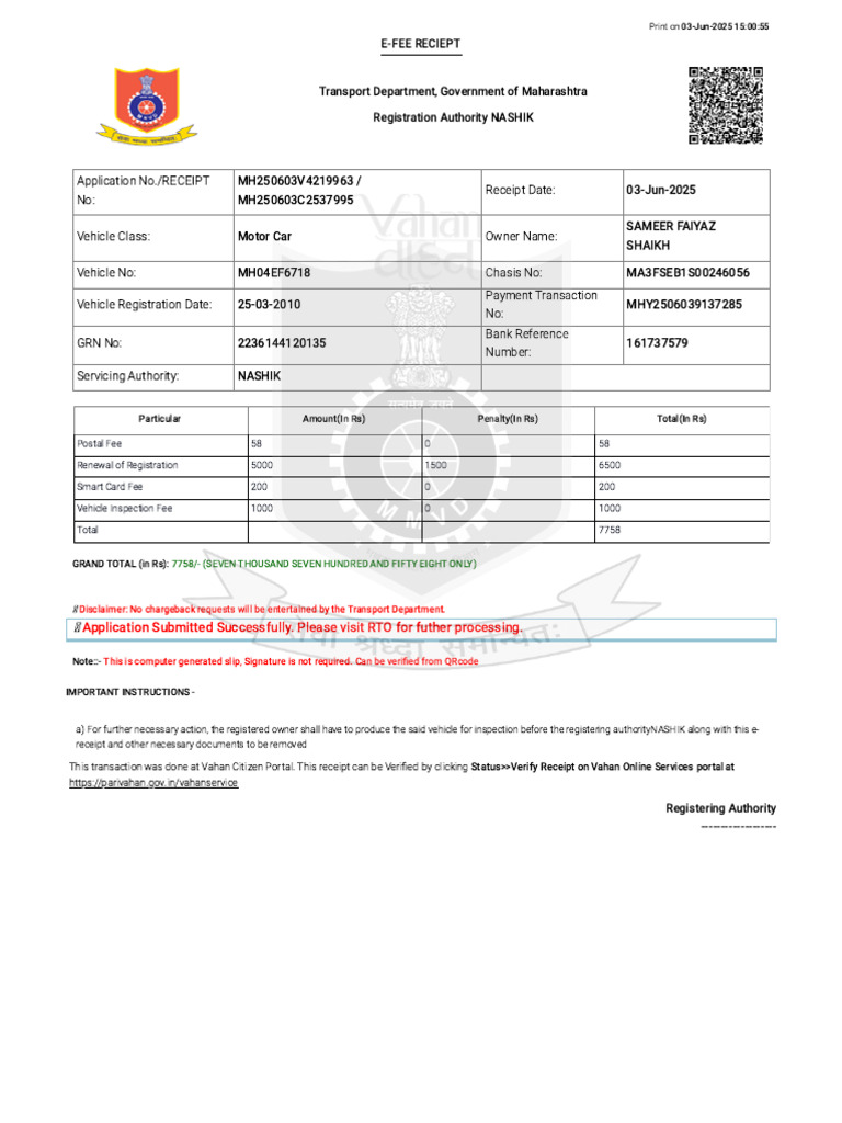 Vahan 4.0 Vehicle Inspection Receipt | PDF | Receipt