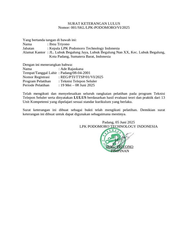 Surat Keterangan Lulus | PDF